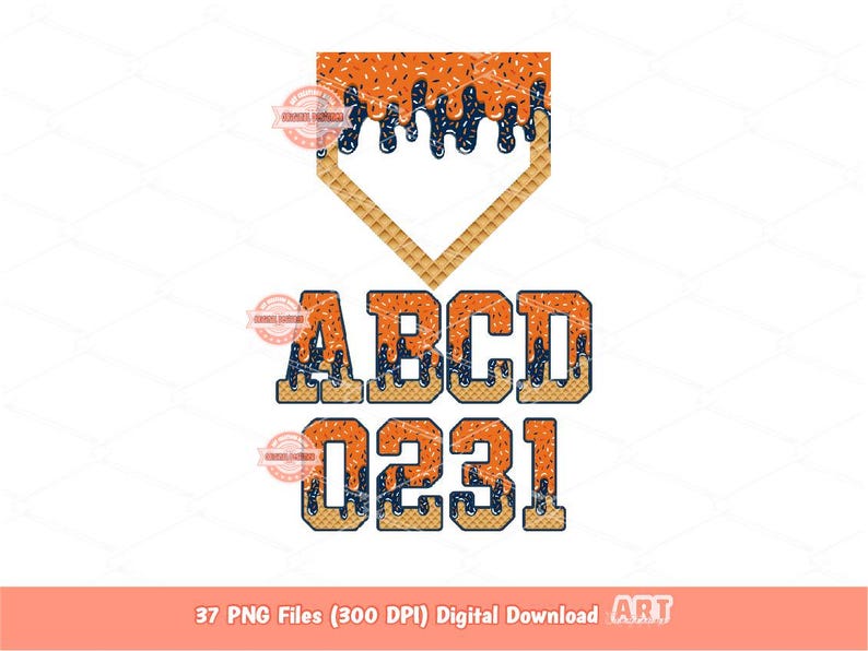 Orange Navy Drip Alphabet PNG Bundle: Baseball Letters & Numbers ...