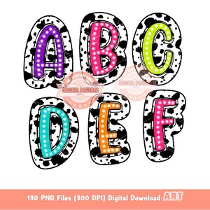 Colorful Cow Print Letters PNG Bundle, Hand Drawn Bright Doodle Alpha A ...