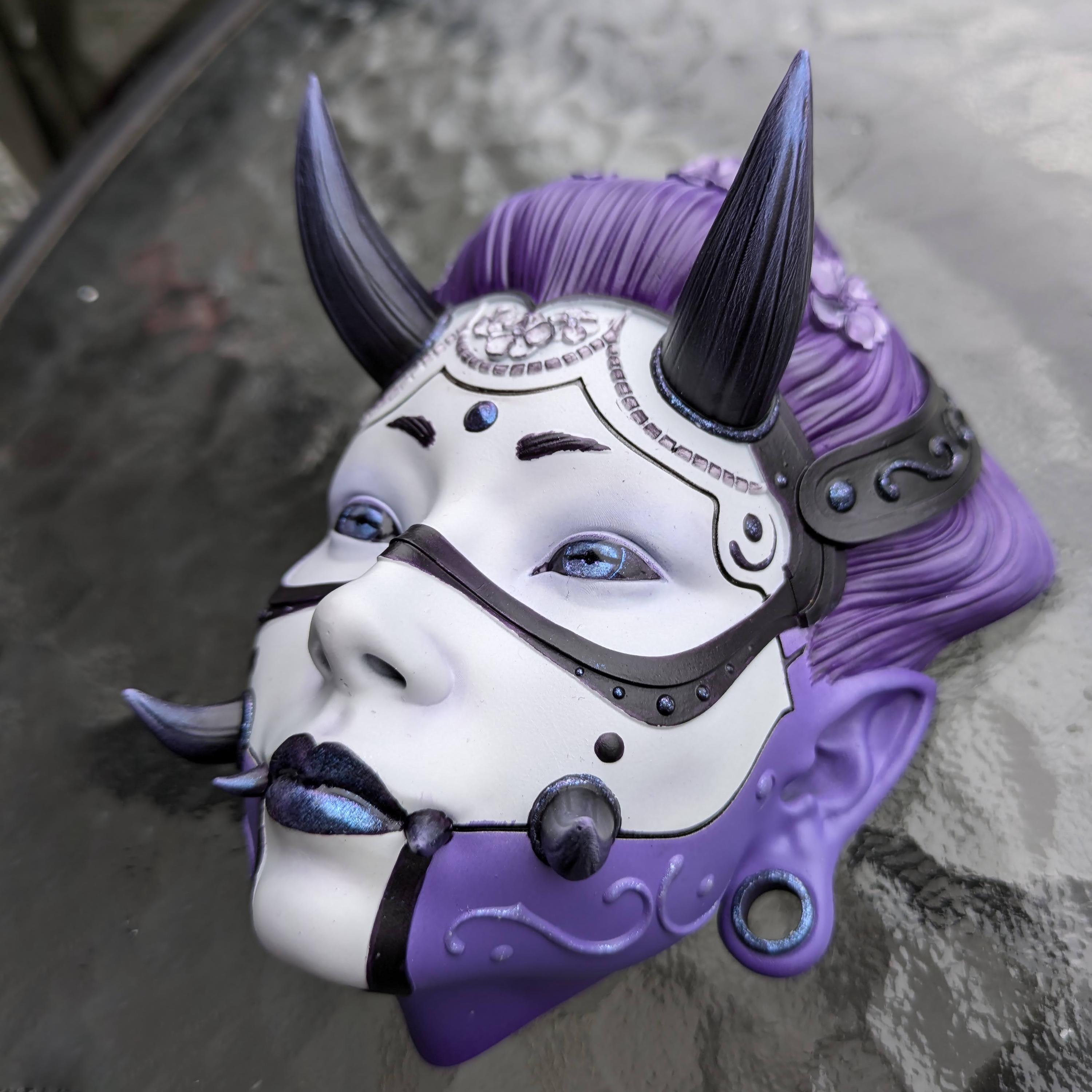 Cyber Oni Mask Wall Art – Hand-painted Demon Mask Decor – Futuristic ...