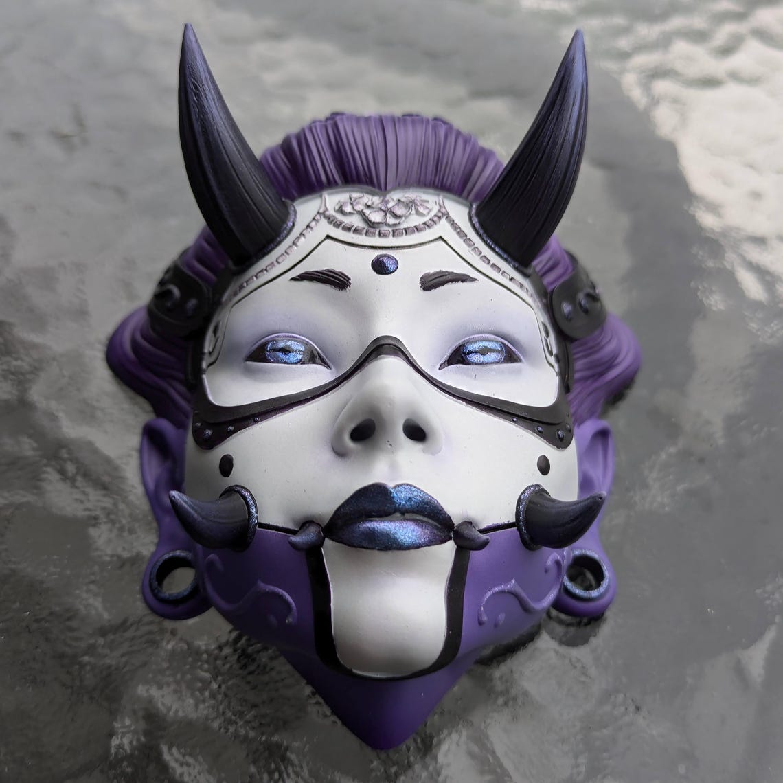 Cyber Oni Mask Wall Art – Hand-painted Demon Mask Decor – Futuristic ...