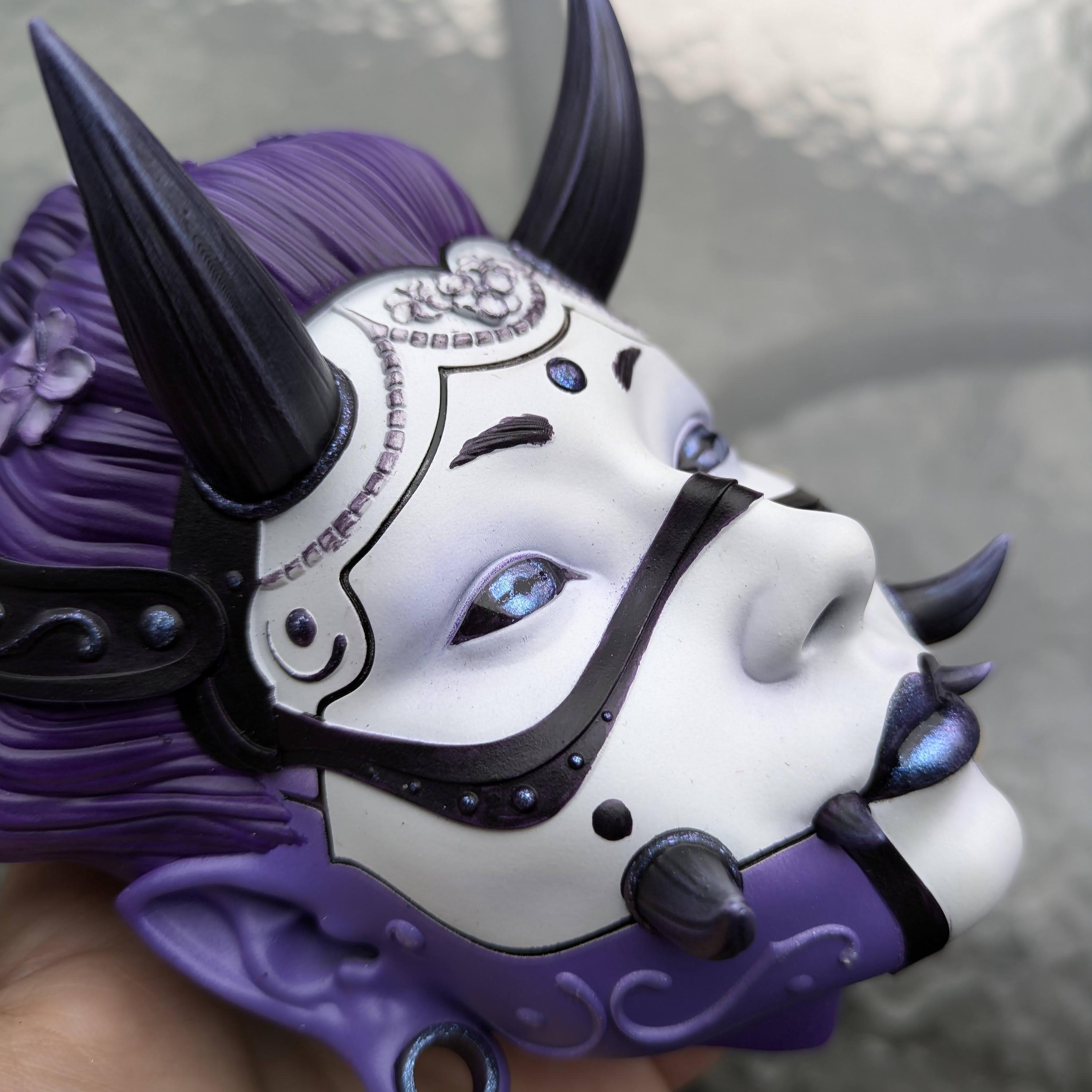 Cyber Oni Mask Wall Art – Hand-painted Demon Mask Decor – Futuristic ...