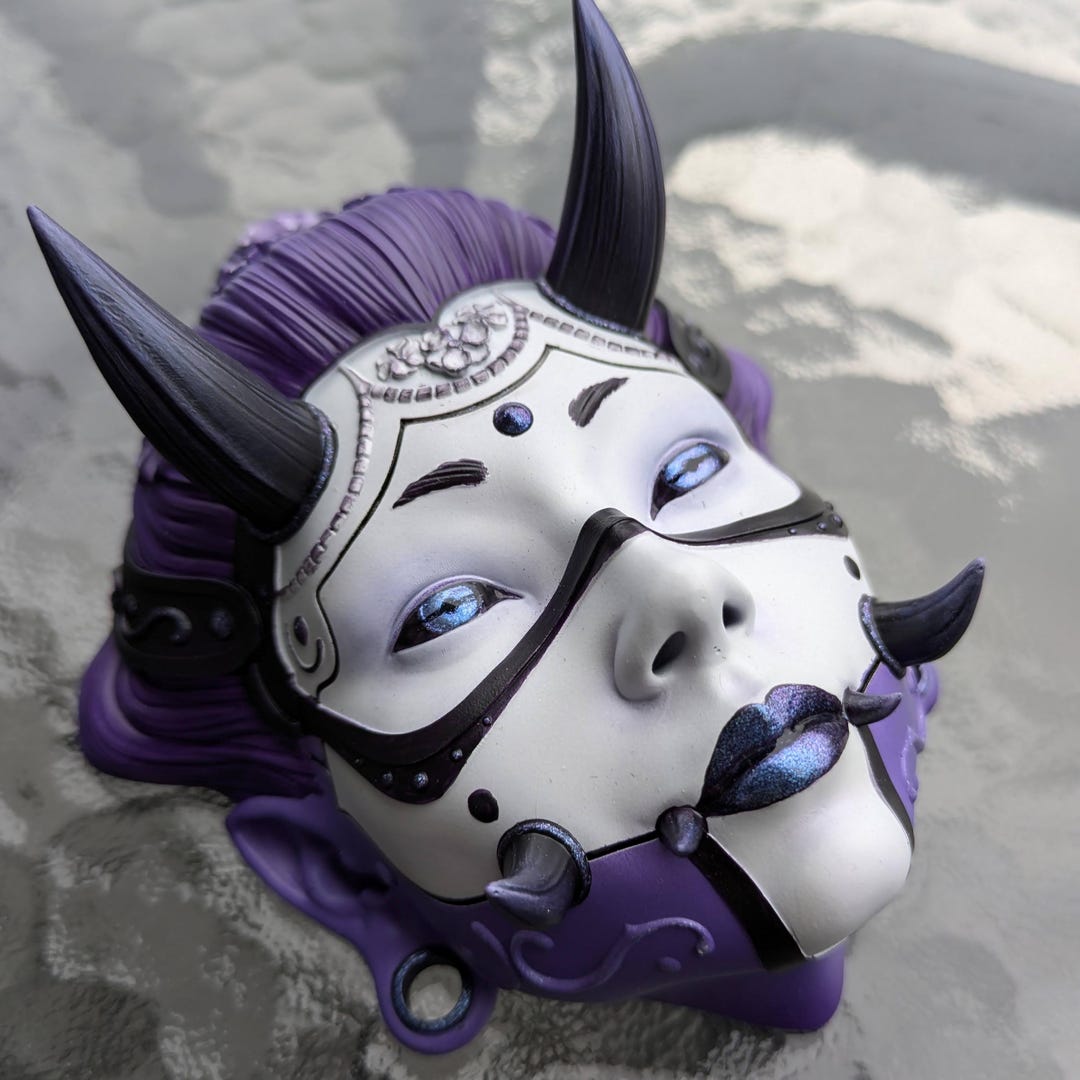 Cyber Oni Mask Wall Art – Hand-painted Demon Mask Decor – Futuristic ...