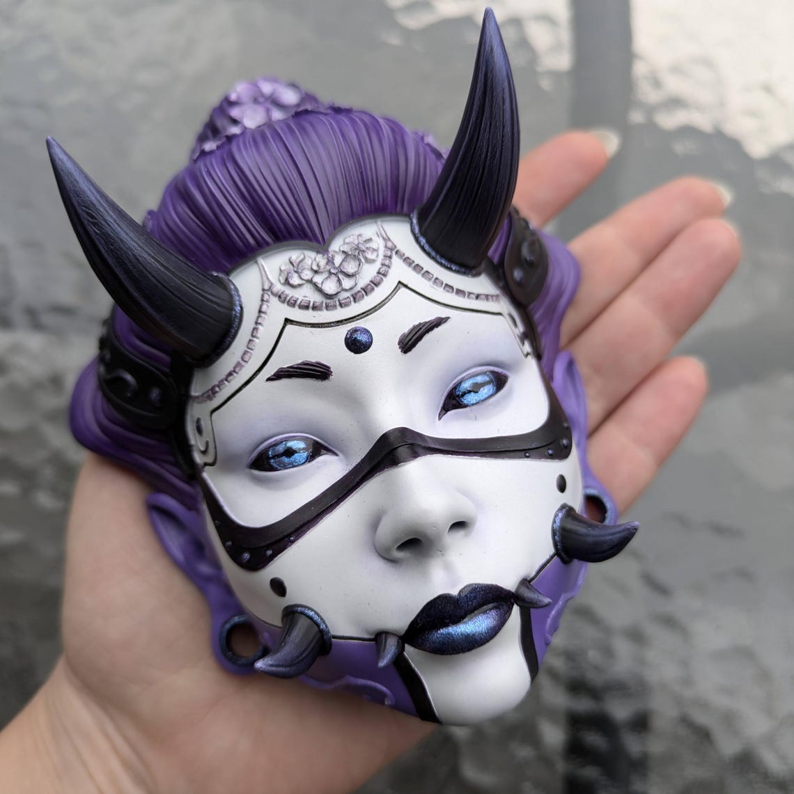 Cyber Oni Mask Wall Art – Hand-painted Demon Mask Decor – Futuristic ...