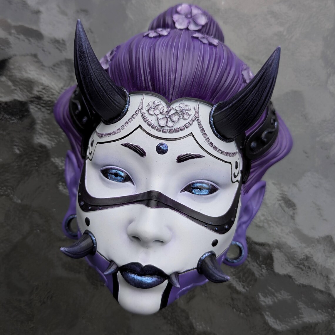 Cyber Oni Mask Wall Art – Hand-painted Demon Mask Decor – Futuristic ...