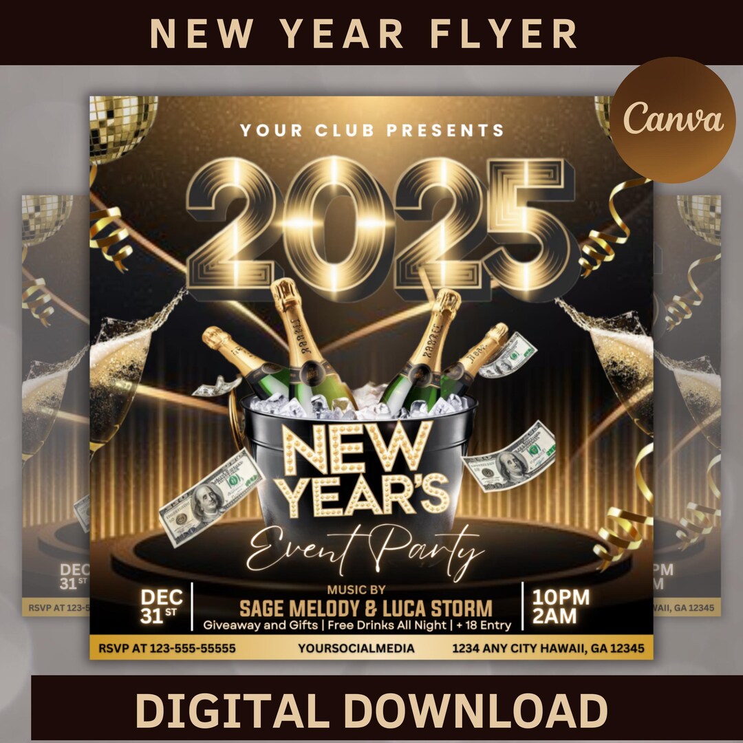 New Year Party Flyer 2025, Canva Template Flyer, Happy New Year ...