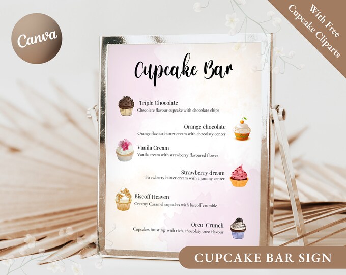 Cupcake Bar Sign Template, Wedding Signage, DIY Cupcake Menu Template ...