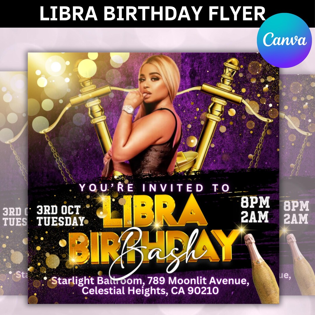 Editable Libra Birthday Flyer, Birthday Template, Birthday Girl, Gold ...