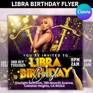 Editable Libra Birthday Flyer, Birthday Template, Birthday Girl, Gold and Purple Birthday Flyer ...