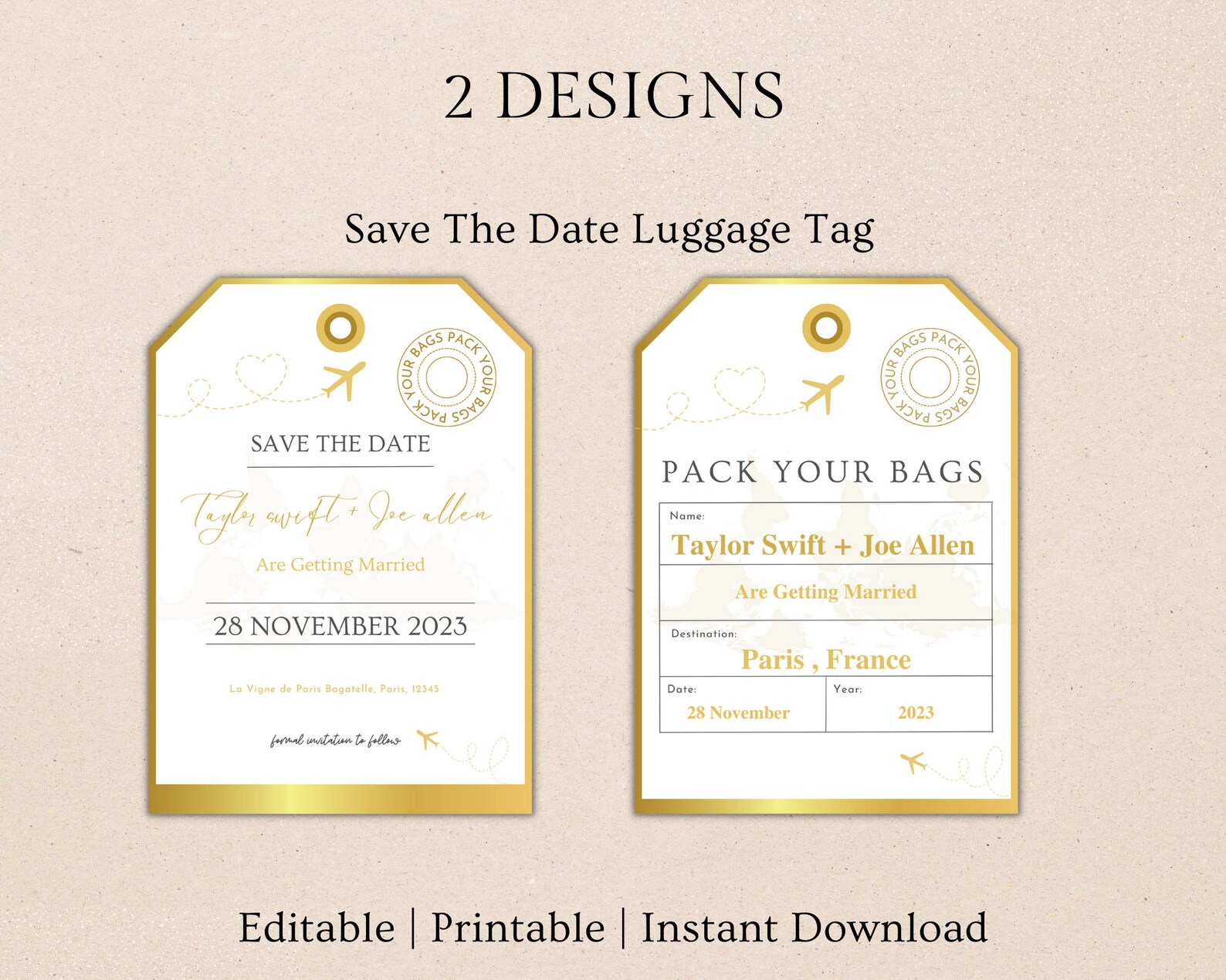 Gold Passport Wedding Invitation Template, Luggage Tag Save the Date ...