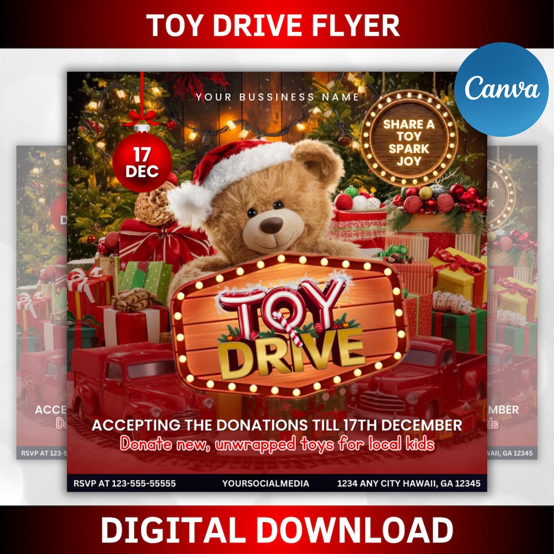Christmas Toy Drive Flyer Canva Template, Christmas Party Flyer, Toy ...
