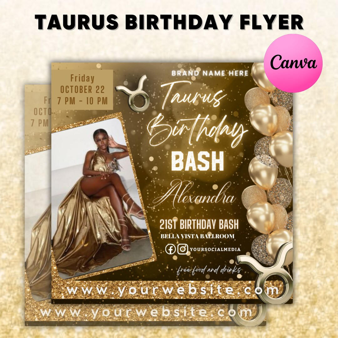 Taurus Birthday Flyer for Canva, Taurus Club Flyer, Birthday Invitation ...