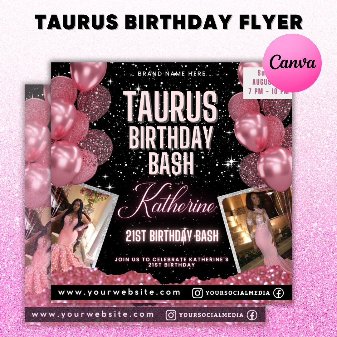 Taurus Birthday Flyer for Canva, Taurus Club Flyer, Birthday Invitation ...