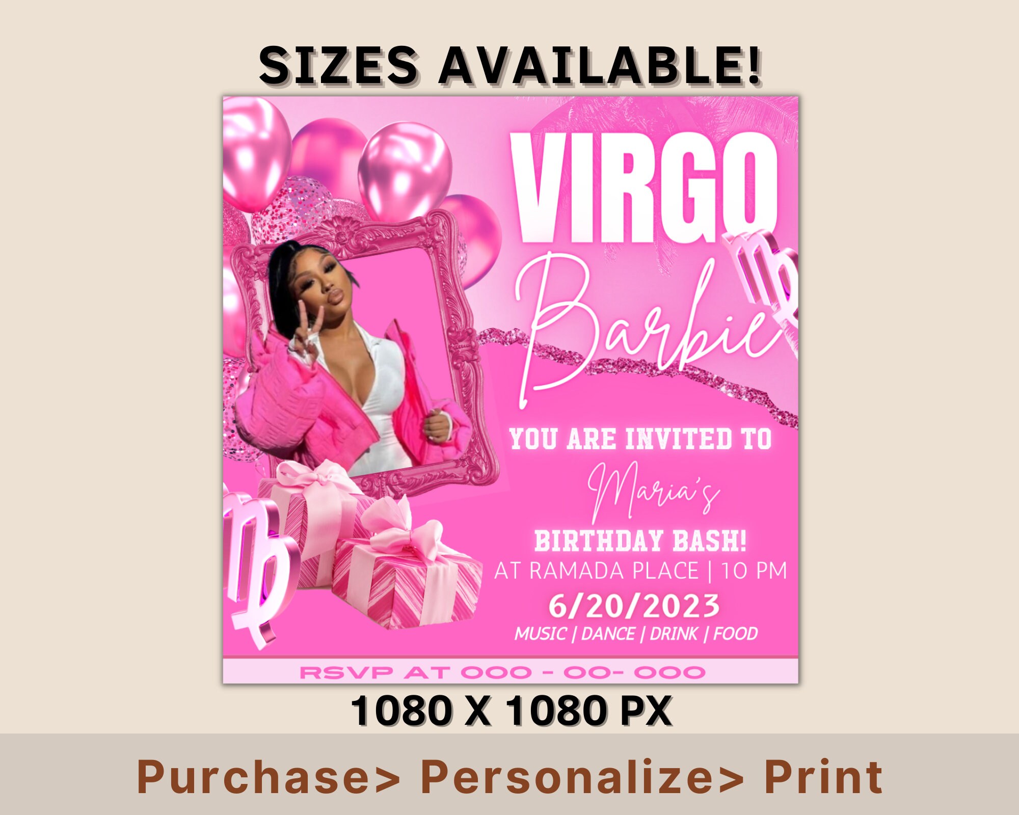 Editable Virgo Birthday Flyer, Birthday Template, Birthday Girl, Pink ...