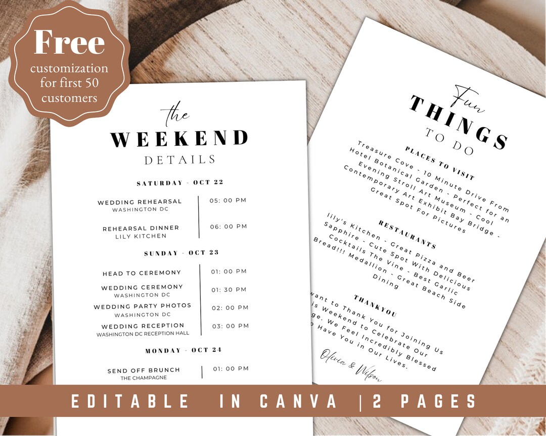 Wedding Itinerary Template, Wedding Weekend Timeline, Wedding Timeline ...