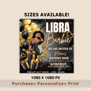 Editable Libra Birthday Flyer, Birthday Template, Birthday Girl, Gold ...
