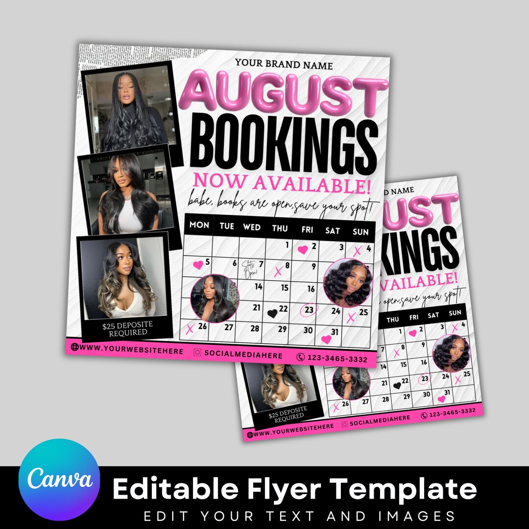 August Bookings Flyer, August Bookings Available, August Appointment ...