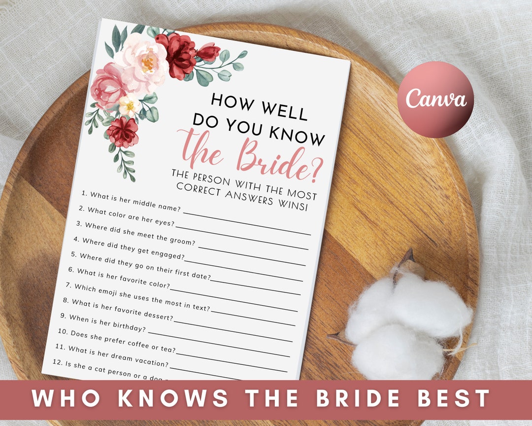 How Well Do You Know the Bride, Bridal Shower Game, Questions About the ...