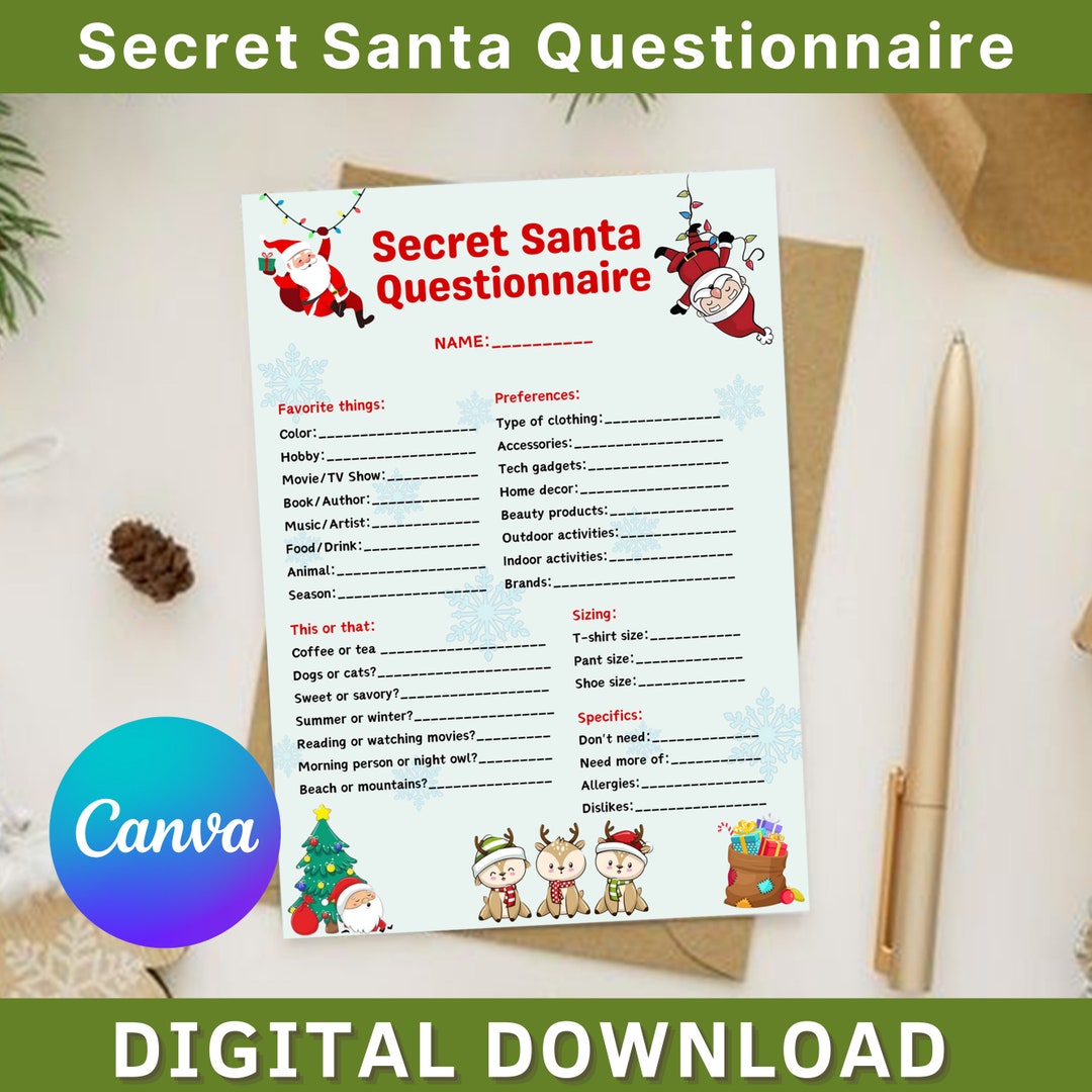 Editable Secret Santa Questionnaire, Secret Santa Form, Secret Santa ...