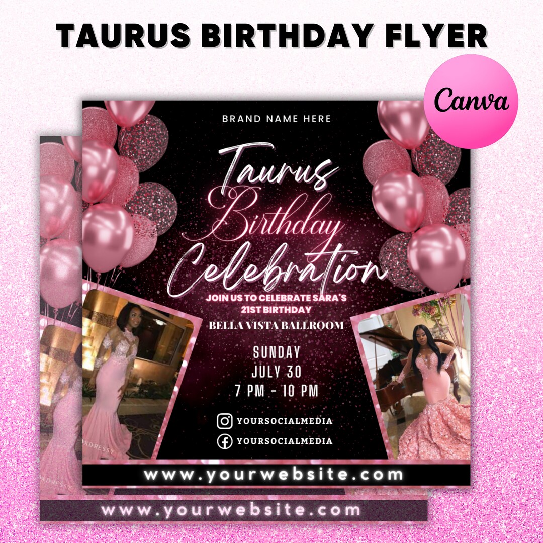 Taurus Birthday Flyer for Canva, Taurus Club Flyer, Birthday Invitation ...