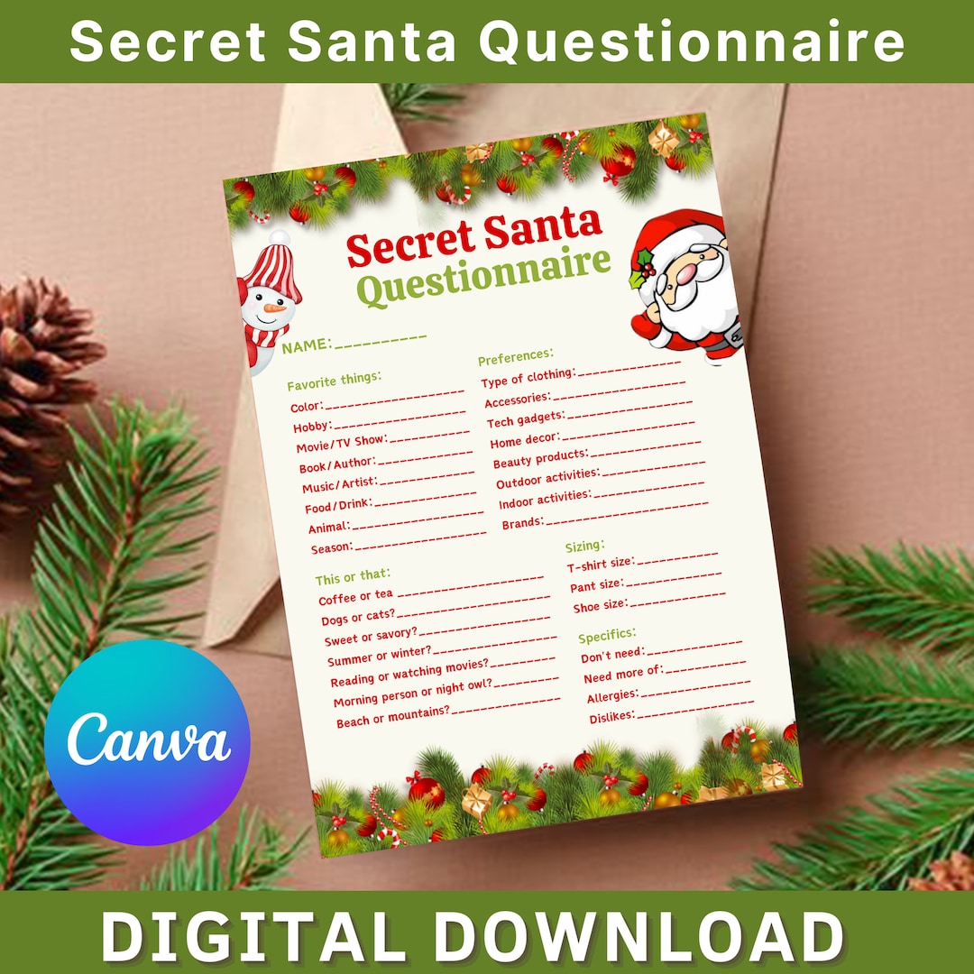 Secret Santa Questionnaire Printable, Secret Santa Form, Christmas Gift ...