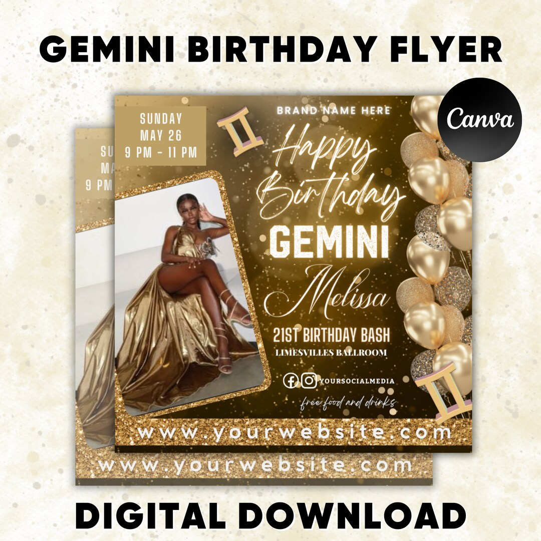 Gemini Editable Birthday Flyer, Gemini Flyer Canva Template, Birthday ...