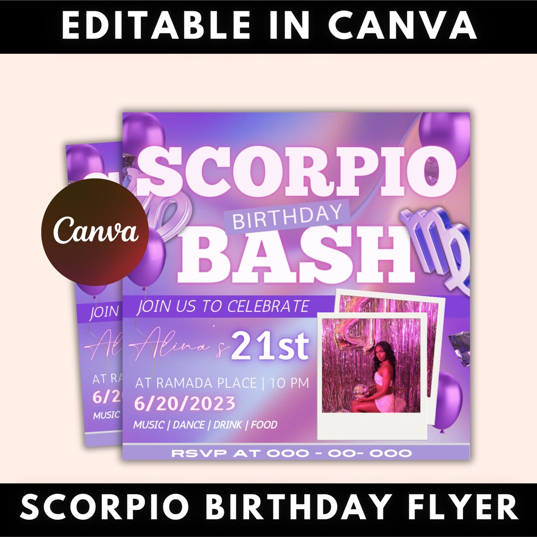 Scorpio Birthday Flyer, Birthday Template, Birthday Girl, Party Flyer ...