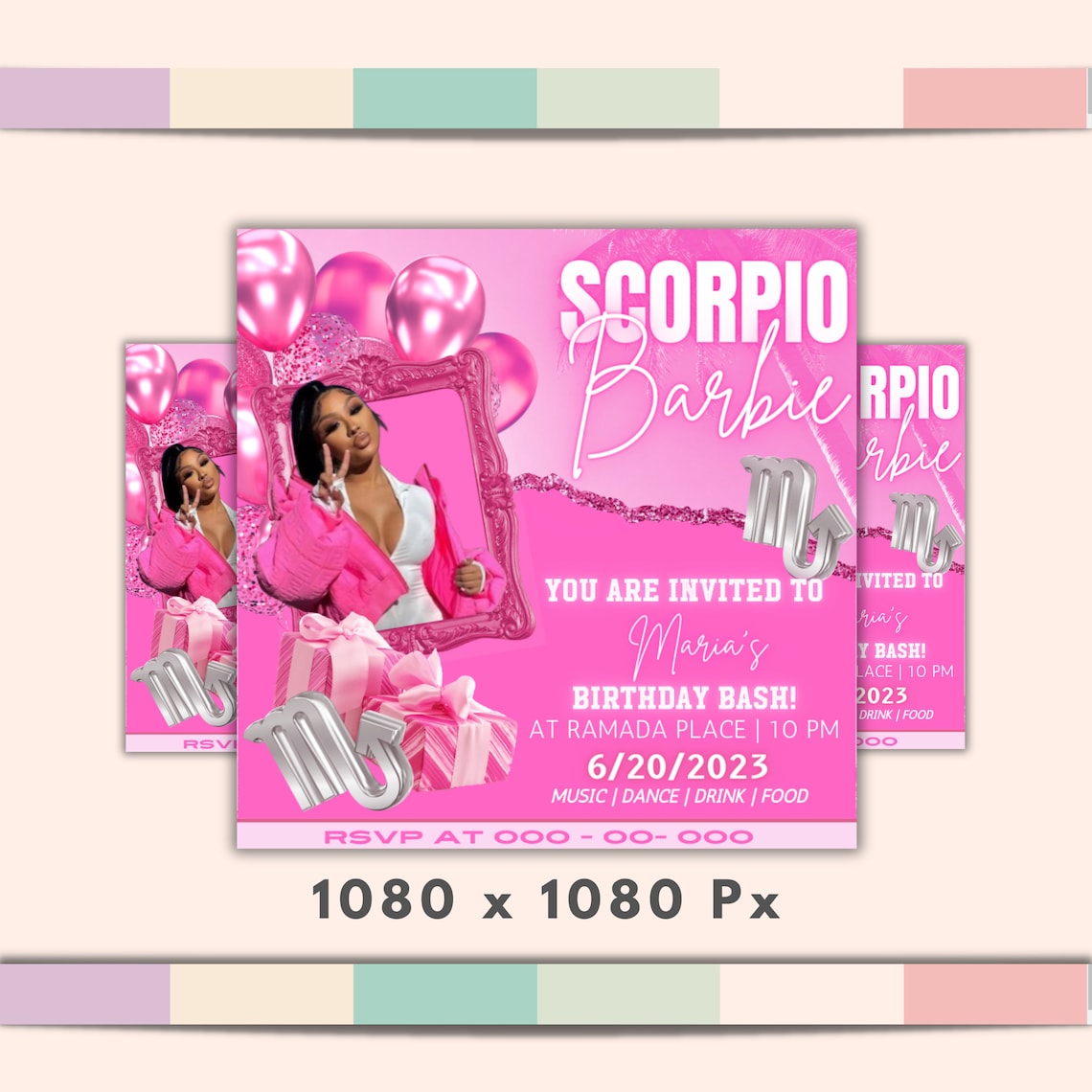Editable Scorpio Birthday Flyer, Birthday Template, Birthday Girl, Pink ...