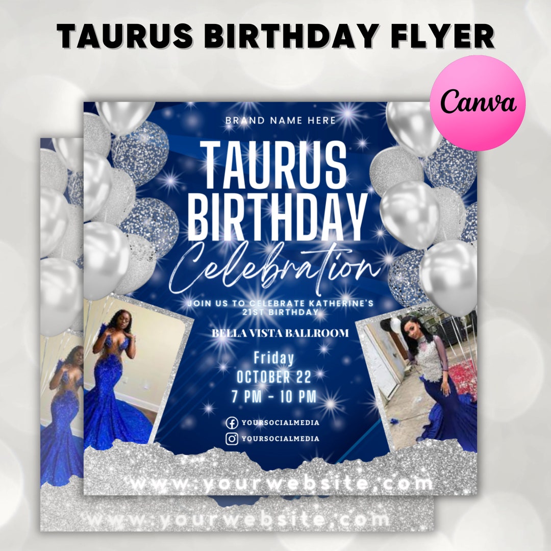 Taurus Birthday Flyer for Canva, Taurus Club Flyer, Birthday Invitation ...