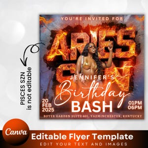 Aries Birthday Flyer, Aries Bash Flyer, Birthday Flyer Template, Girl's ...