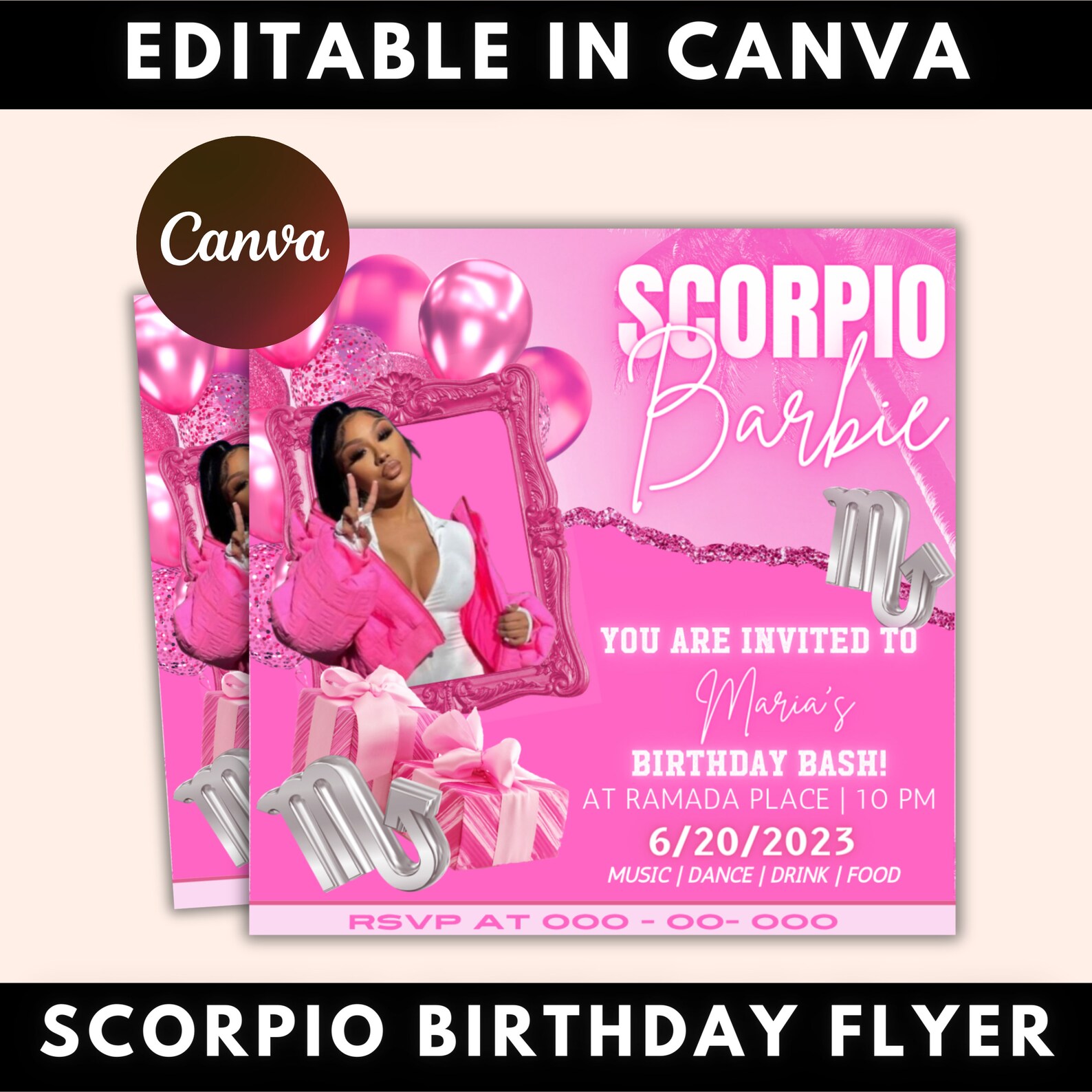 Editable Scorpio Birthday Flyer, Birthday Template, Birthday Girl, Pink ...