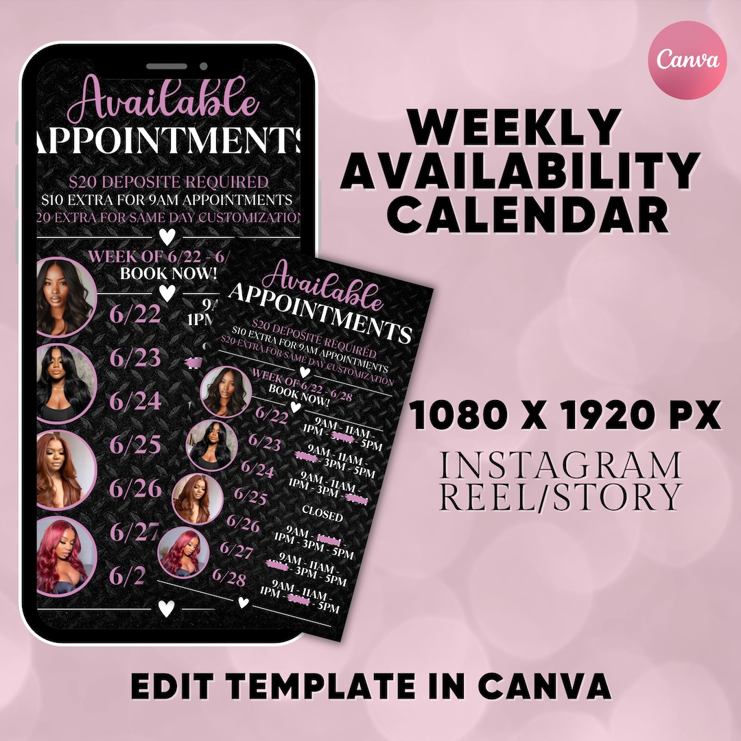 Hair Weekly Availability Instagram Story Calendar,lash Tech Instagram ...