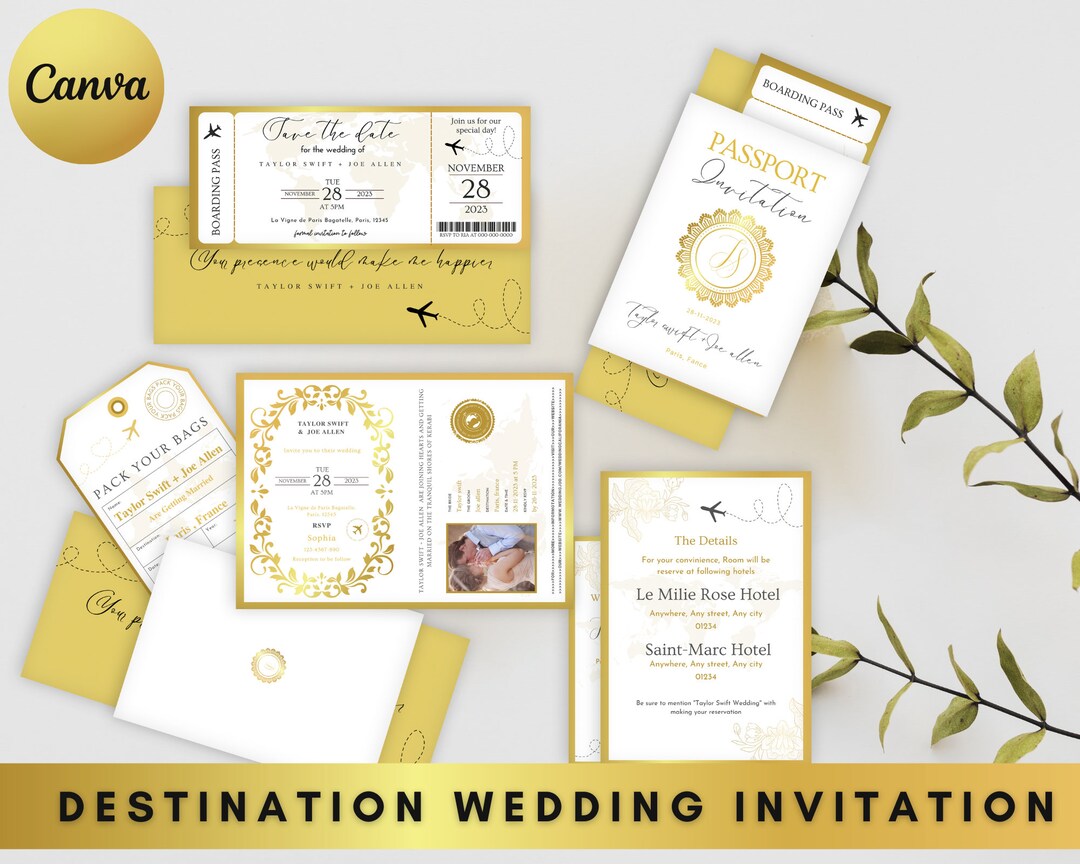 Gold Passport Wedding Invitation Template, Luggage Tag Save the Date ...
