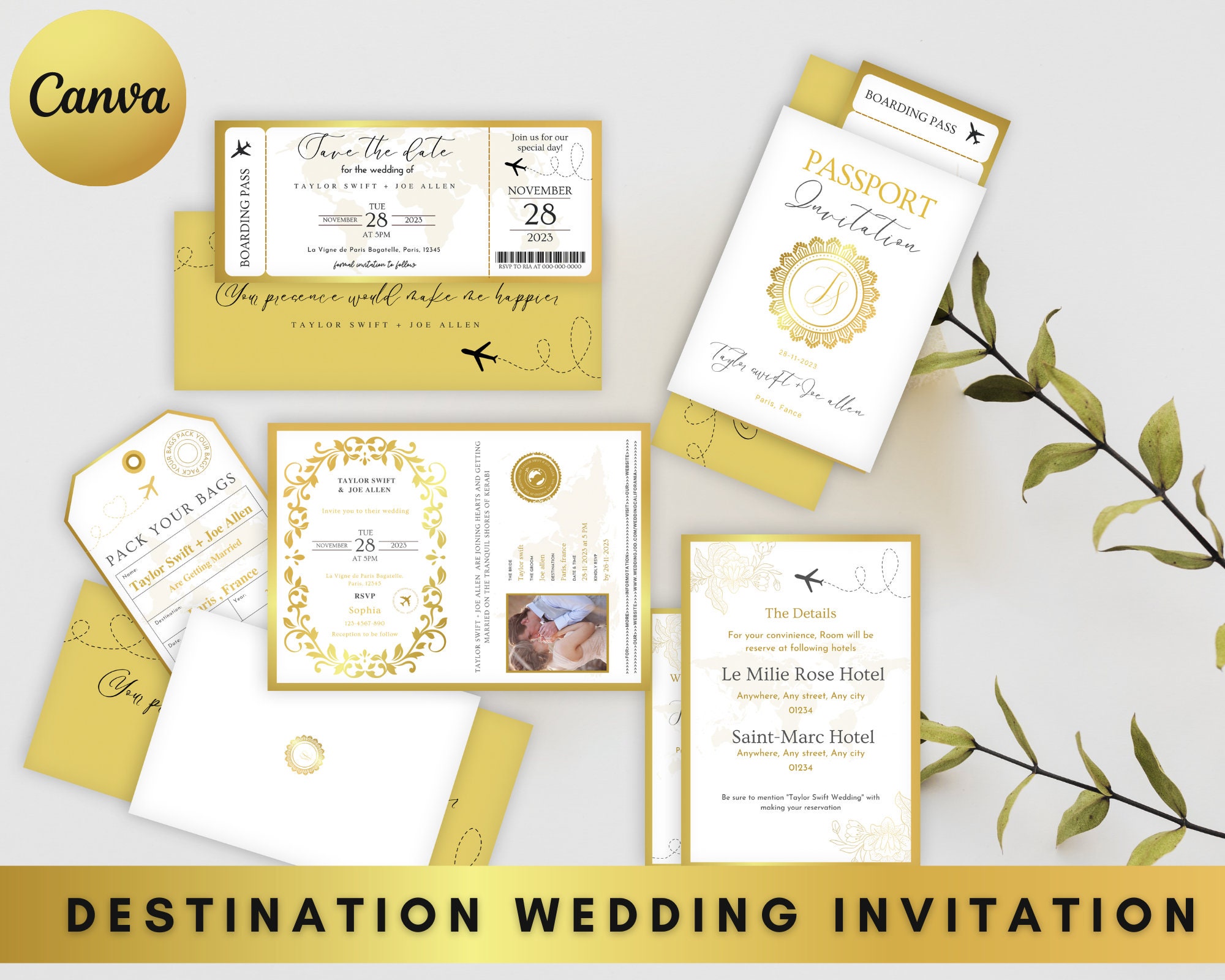 Gold Passport Wedding Invitation Template, Luggage Tag Save the Date ...