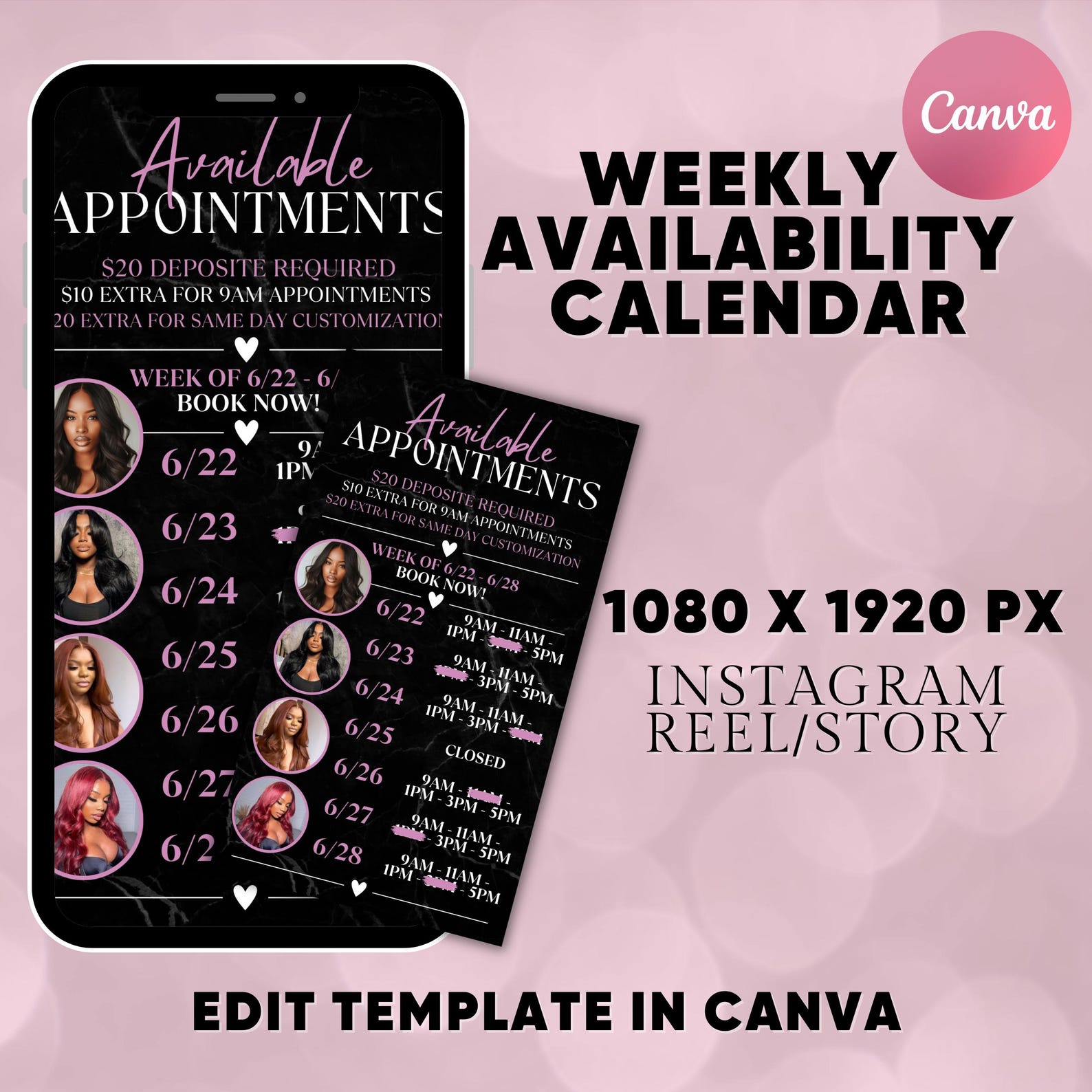 Hair Weekly Availability Instagram Story Calendar,lash Tech Instagram ...