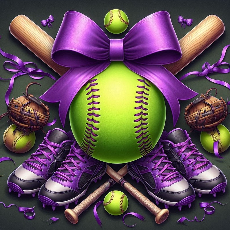 Girls Softball With Purple Bow and Cleats Digital Download W ...