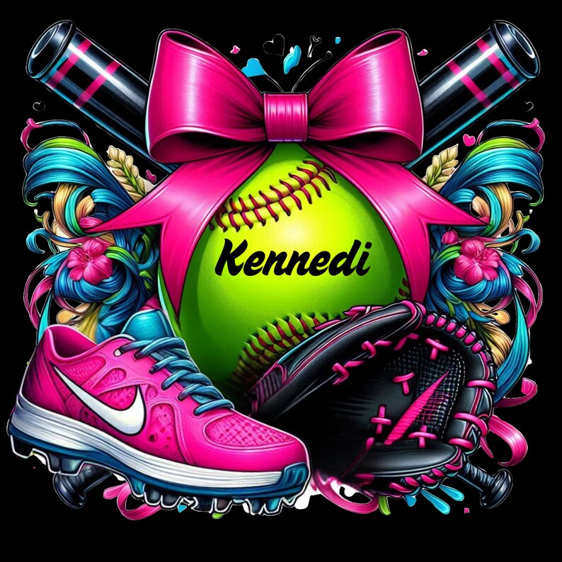Customizable Pink and Blue Girls Softball PNG With Transparent ...
