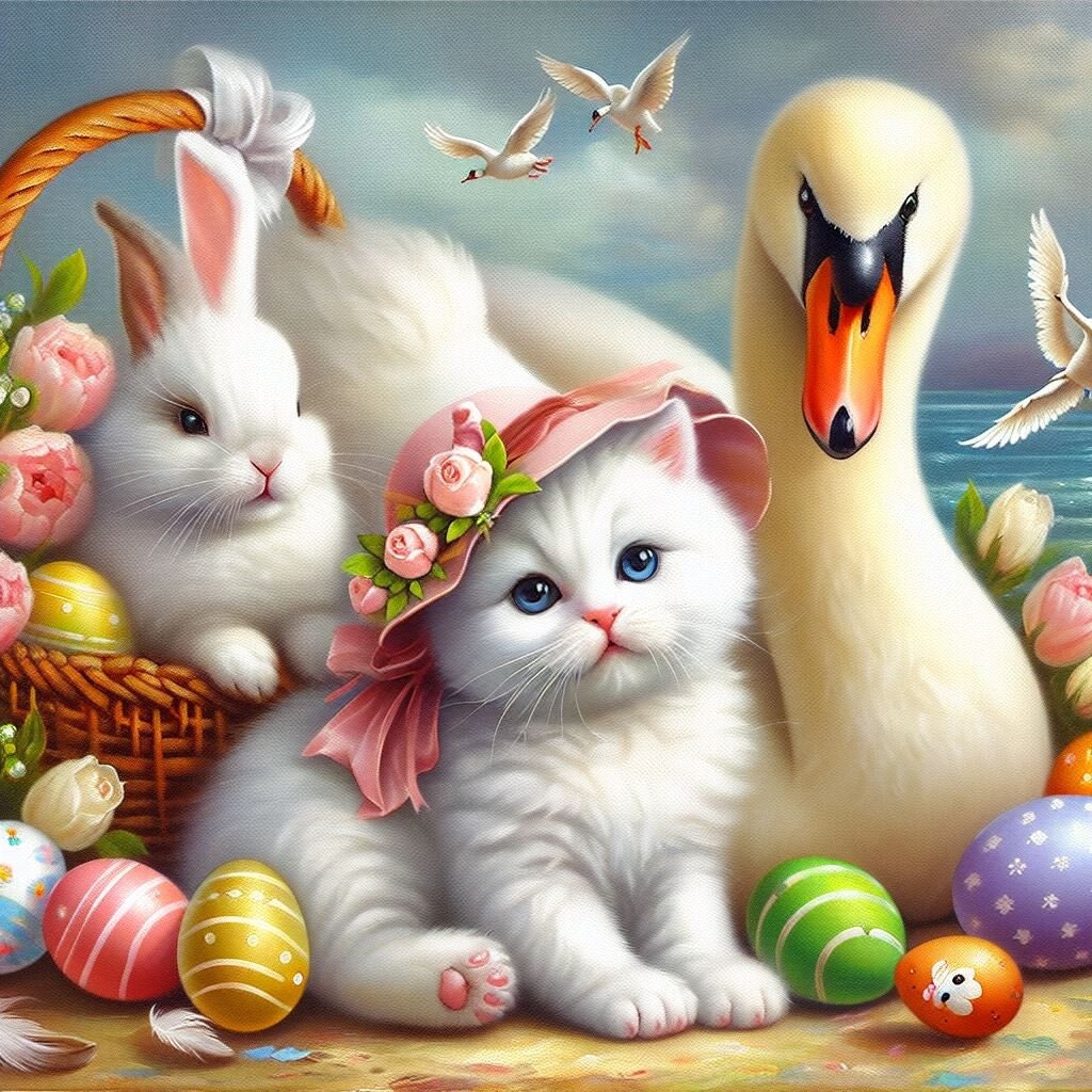 Coquette Style Easter Kittens, Swan and Bunny - 300 DPI PNG and SVG ...