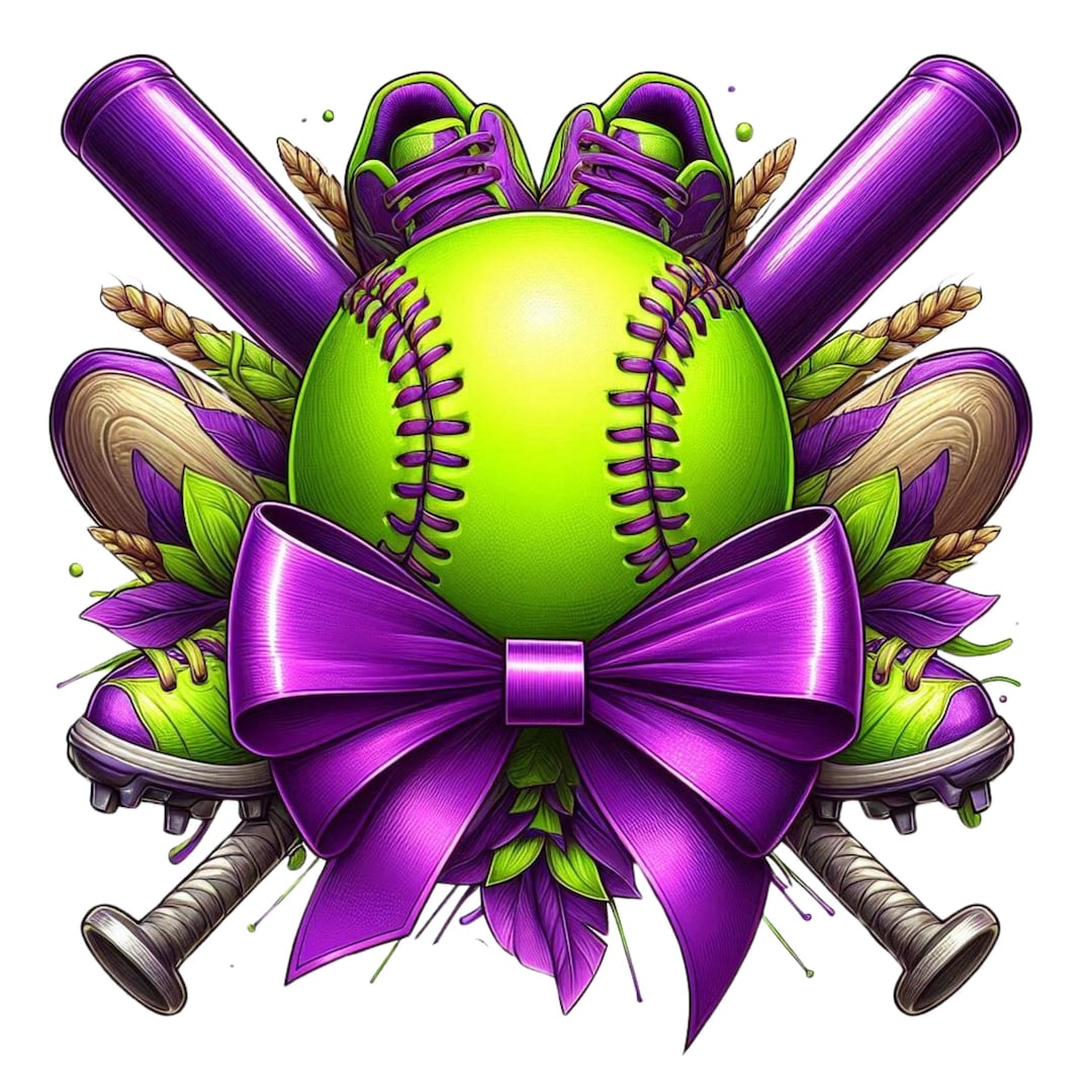 Girls Softball With Purple Bow and Cleats Digital Download W ...
