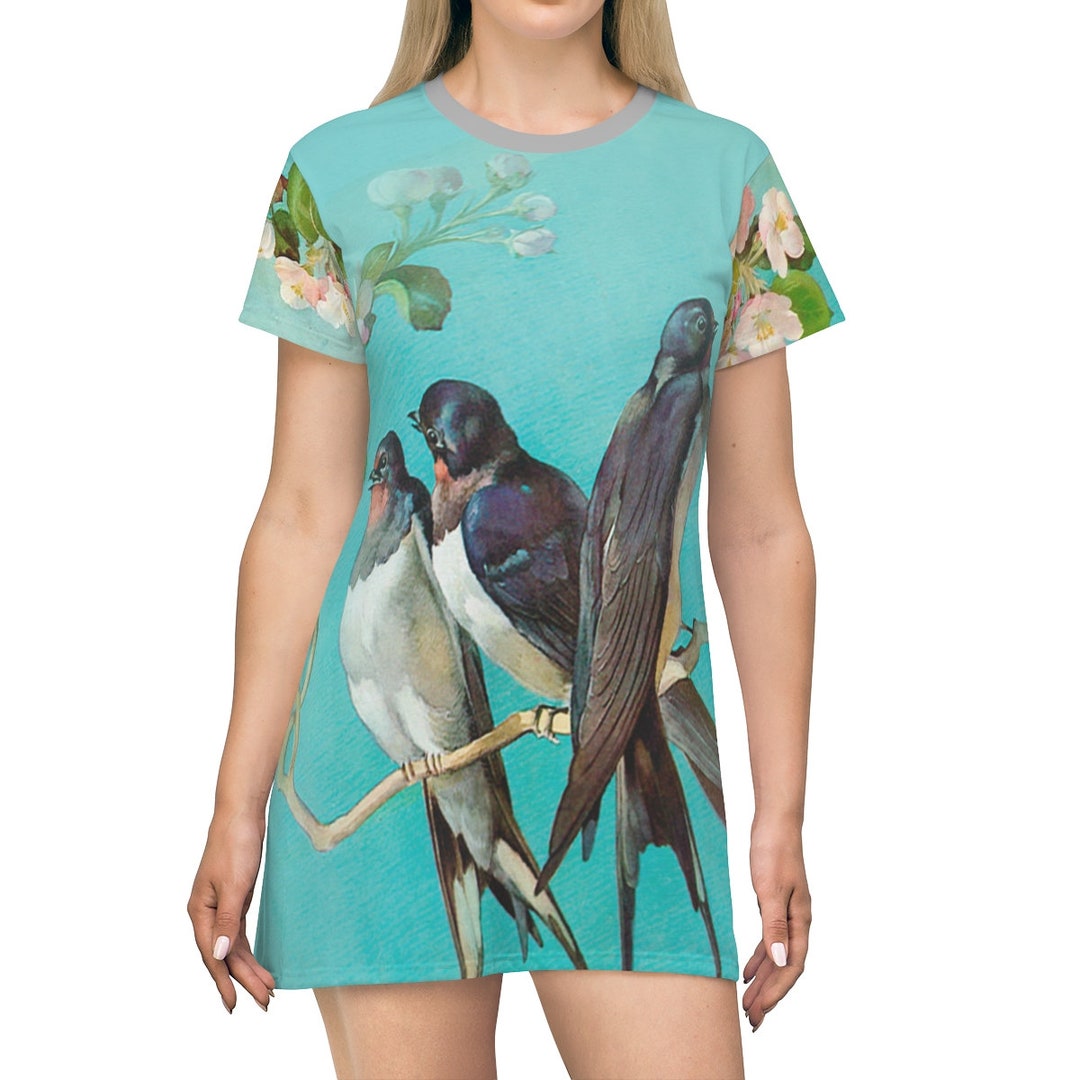 The Swallows All Over Print T-shirt Dress Teal Birds Tunic Nature Dress ...