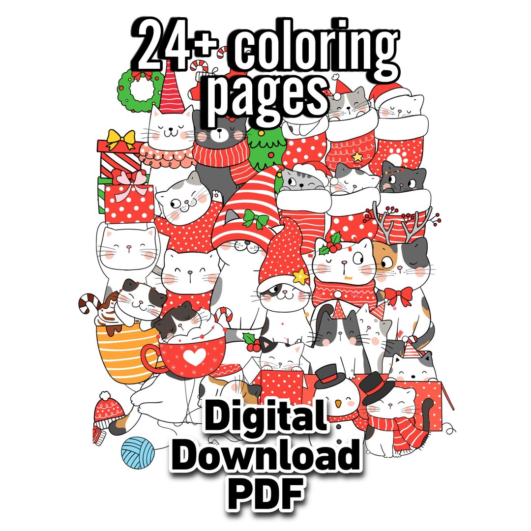 Cute Christmas Cat Coloring Pages - Etsy