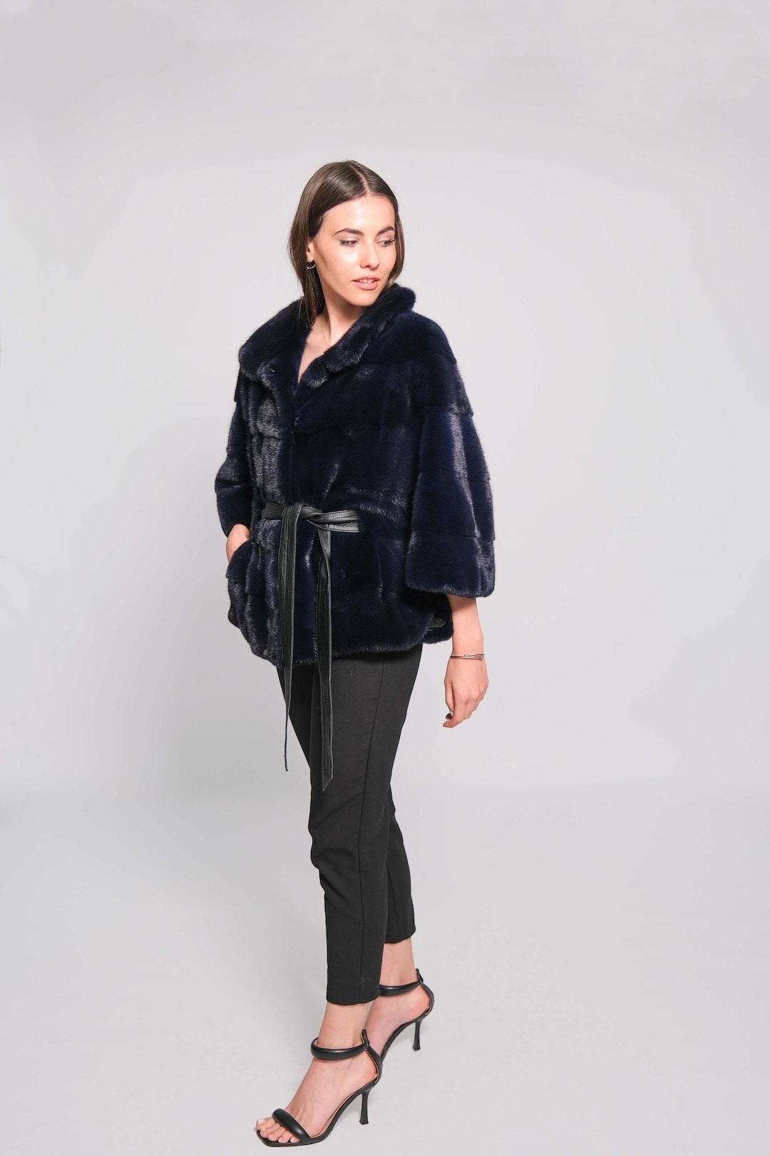 Blue Navy Mink Fur Coat With Hood and Belt, Elegant and Cozy Winter Fur ...