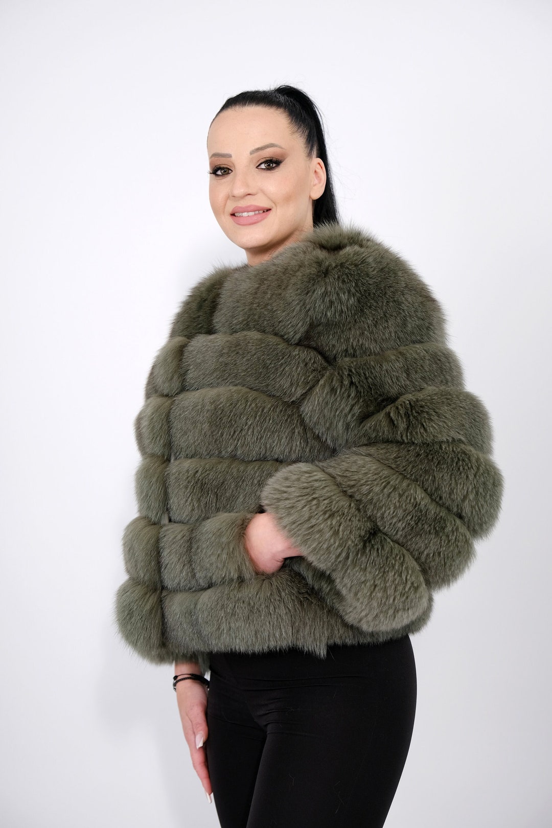 Nafa Fox Fur Jacket: Green Two-tone Lamb Leather Trim, Size 38 - Etsy