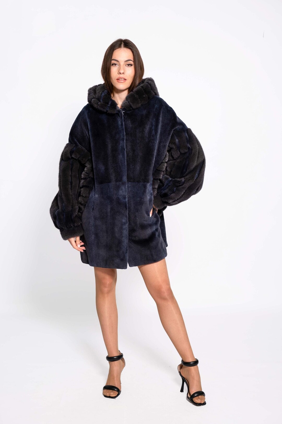 Modern Blue Navy Mink Fur Coat With Impressive Hood, Elegant and Cozy ...