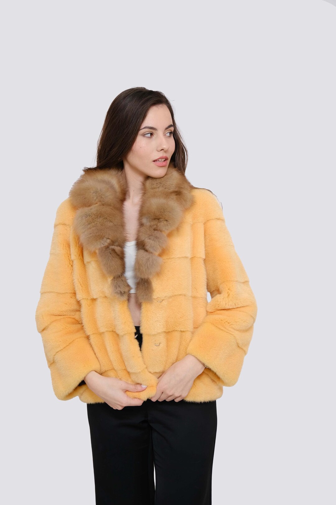 Yellow Mink Fur Jacket With Impressive Collar Type, Elegant and Cozy ...