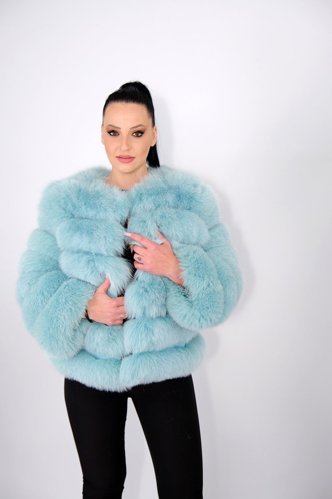 Turquoise Fox Fur Jacket: Nafa Furs, Size 38, Made in Greece - Etsy