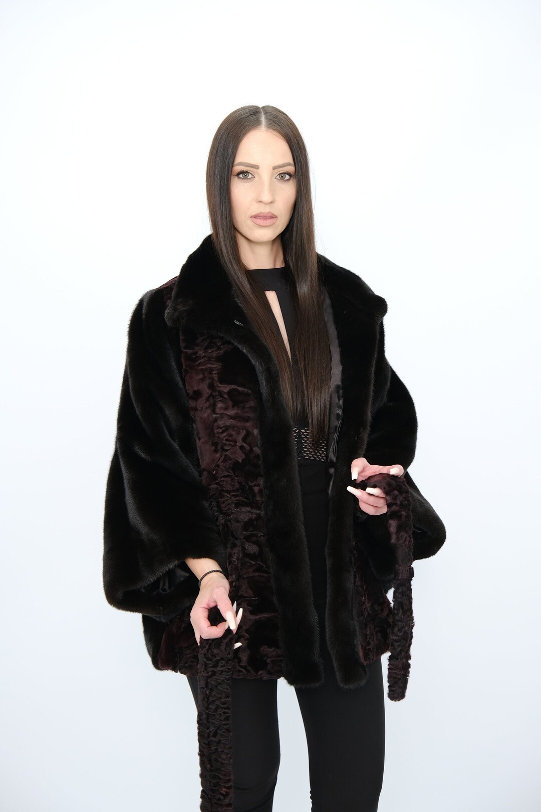 Burgundy Mink Fur Jacket: Bat-style Astrakhan Trim, Saga Furs - Etsy