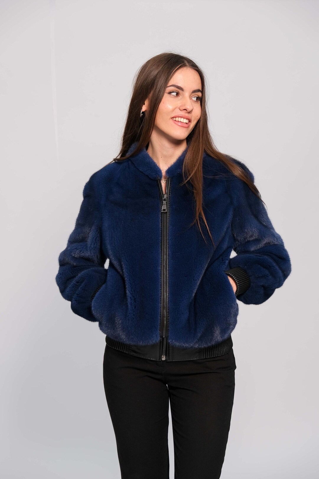 Blue Mink Velvet Bomber With Zipper Closure, Elegant and Modern Winter ...
