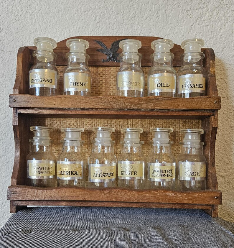 Wooden Spice Rack With Labeled Spice Jars Vintage 1970s American Eagle ...