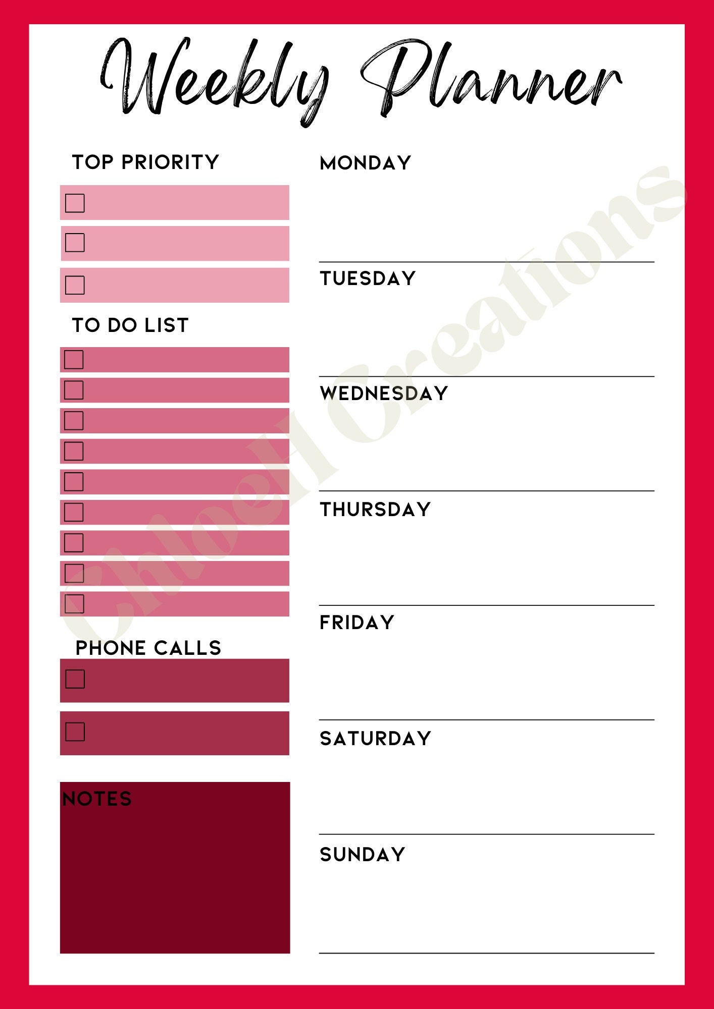 Fuchsia Minimalist Weekly Planner - Etsy