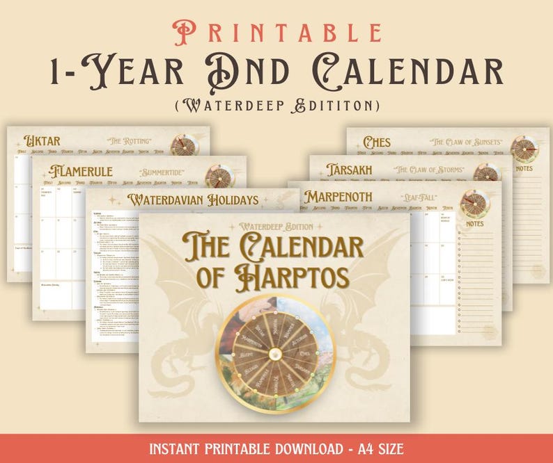 Printable D&D 5E Faerunian Calendar (with Waterdeep Holidays) - Etsy